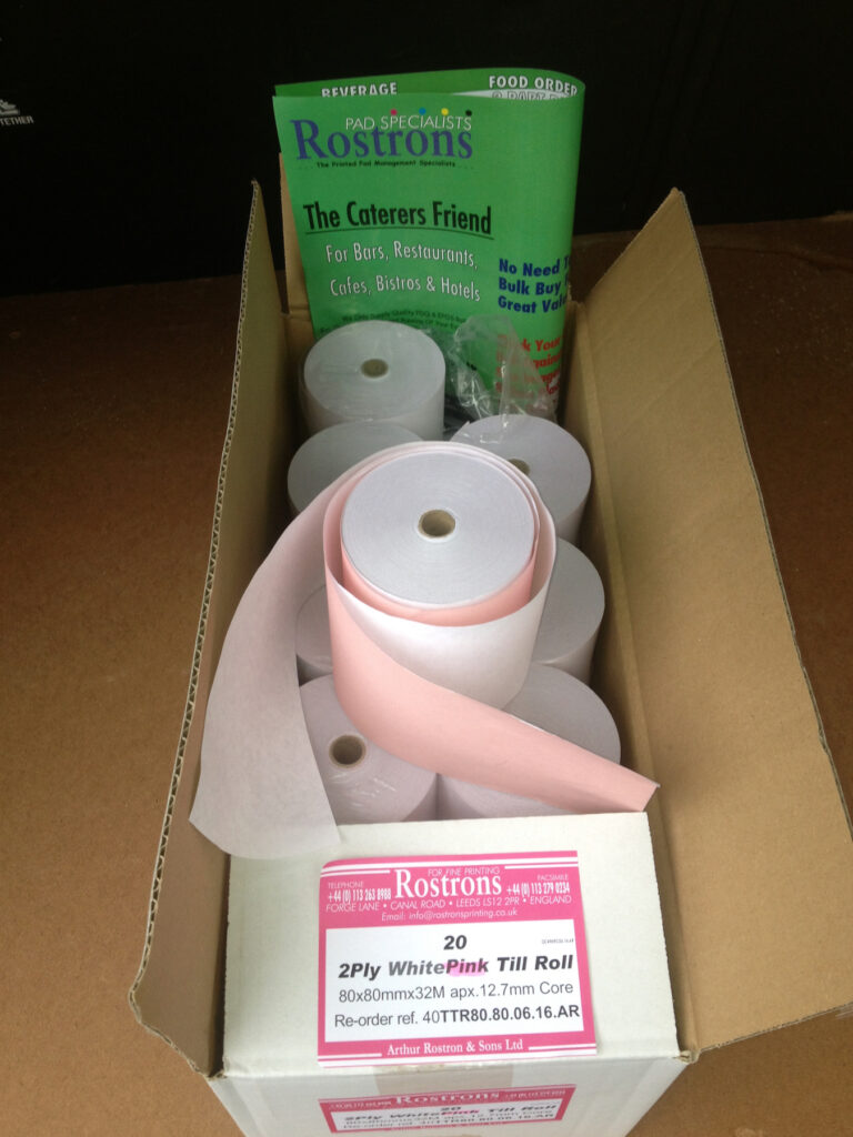Kitchen Duplicate Till Rolls 80x80mm – White/Pink | Box of 20